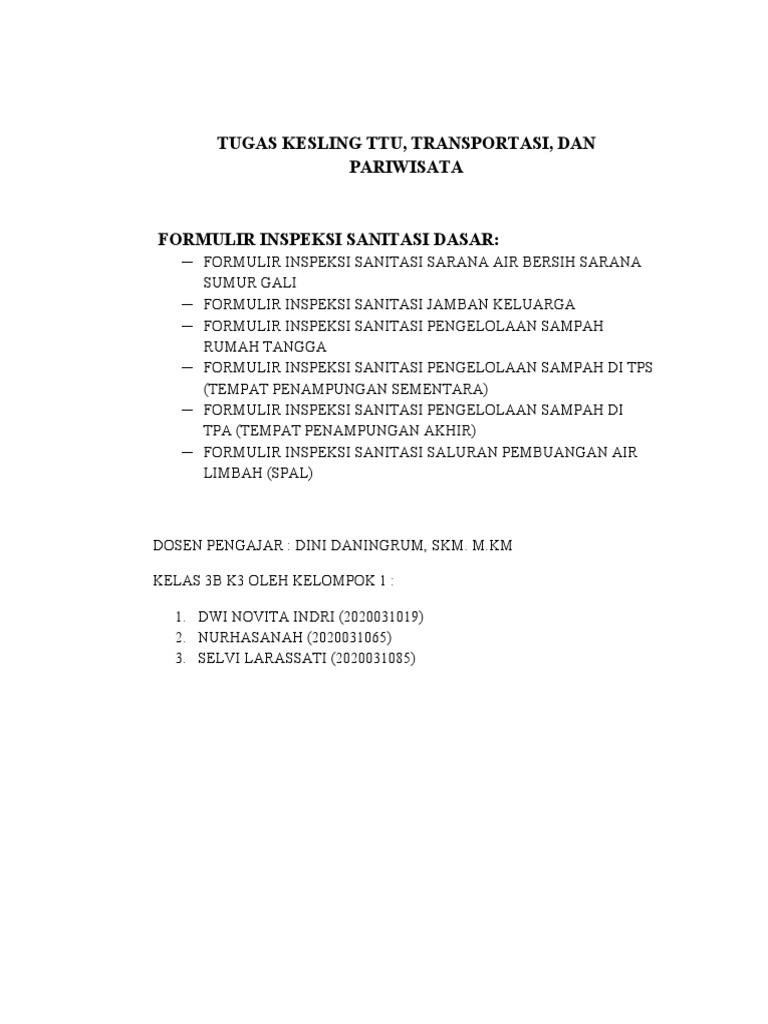 Tugas Form Inspeksi Kesling Ttu | PDF