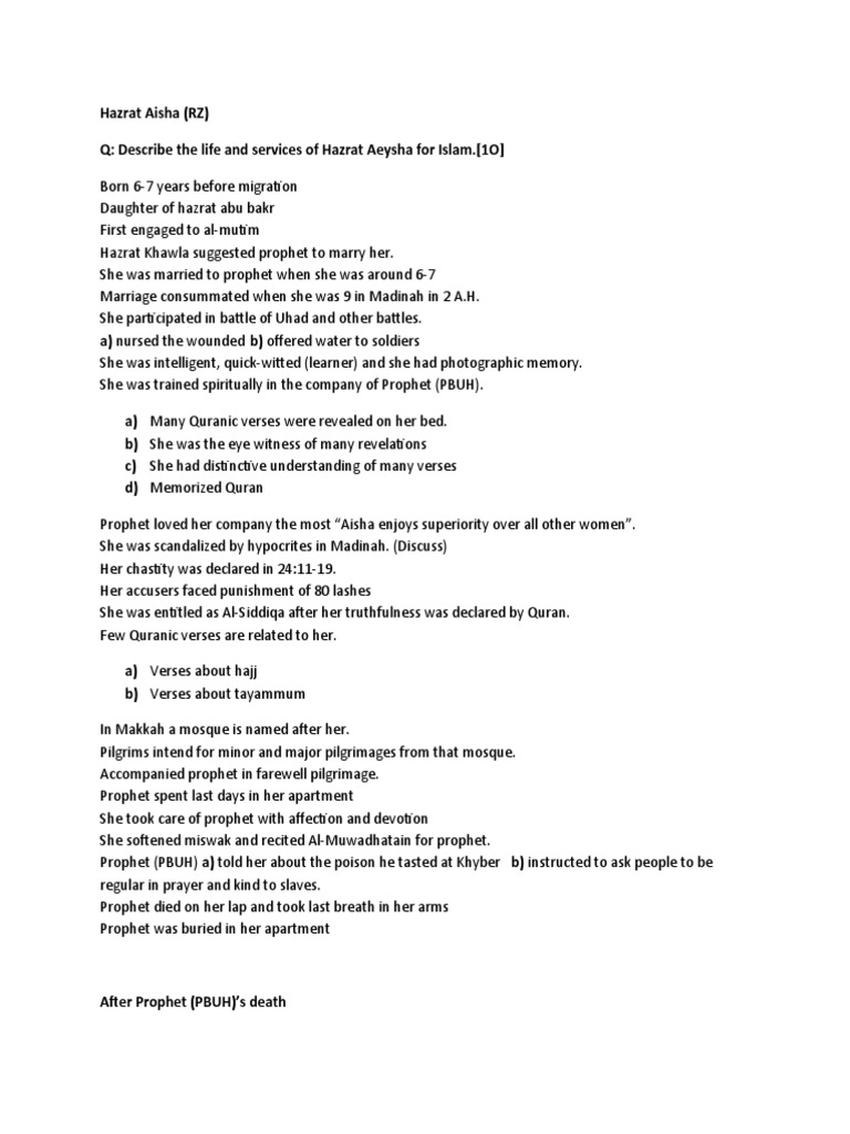 Biographical Account of Hazrat Aeysha RA | PDF | Muhammad | Hadith