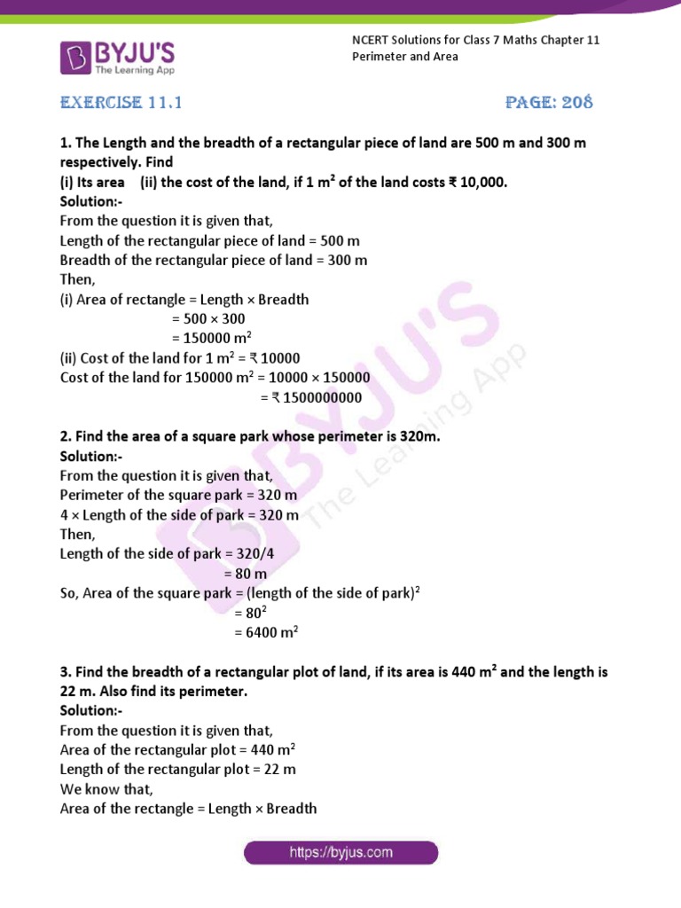 NCERT Solutions Class 7 Maths Chapter 11 Perimeter and Area | PDF ...