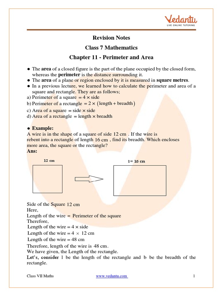 Class 7 Maths Chapter 11 Revision Notes | PDF | Area | Triangle