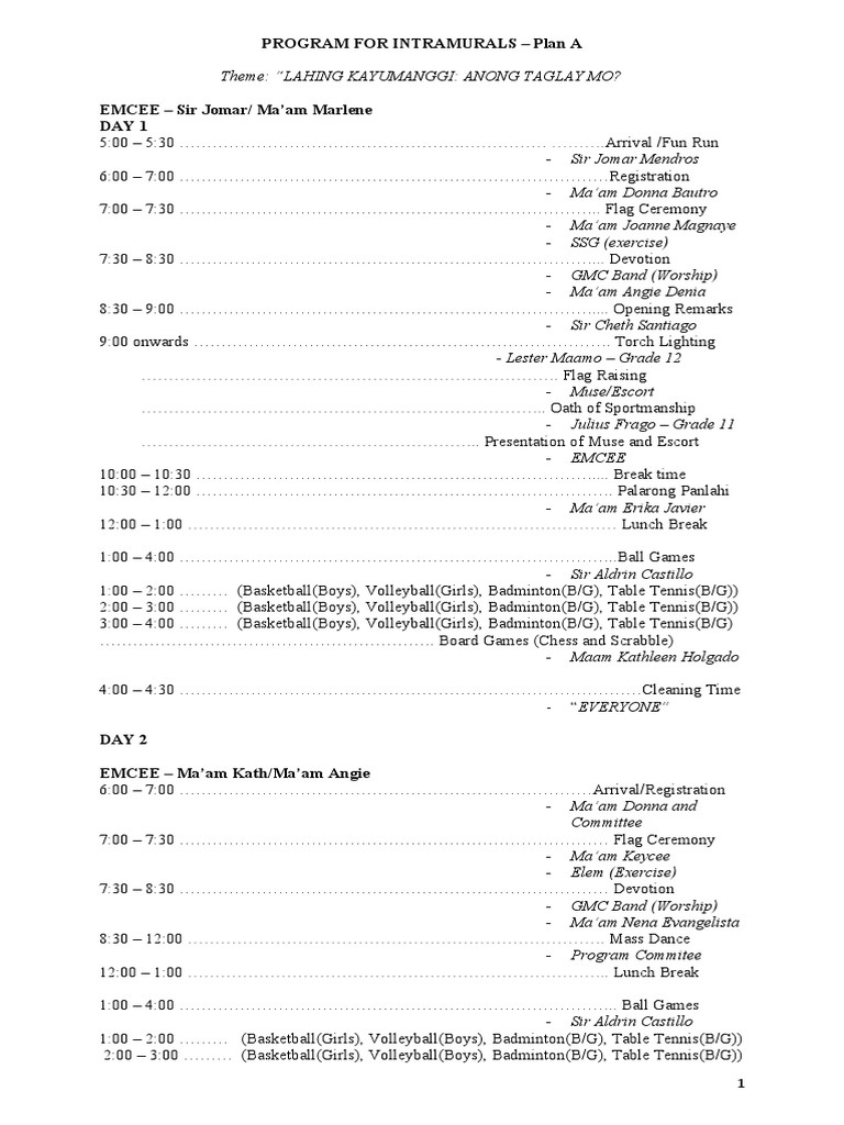 Program For Intramurals Sir Aldrin | PDF | Physical Exercise | Olympic ...