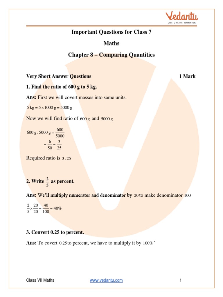 Important Questions For CBSE Class 7 Maths Chapter 8 | PDF | Percentage ...