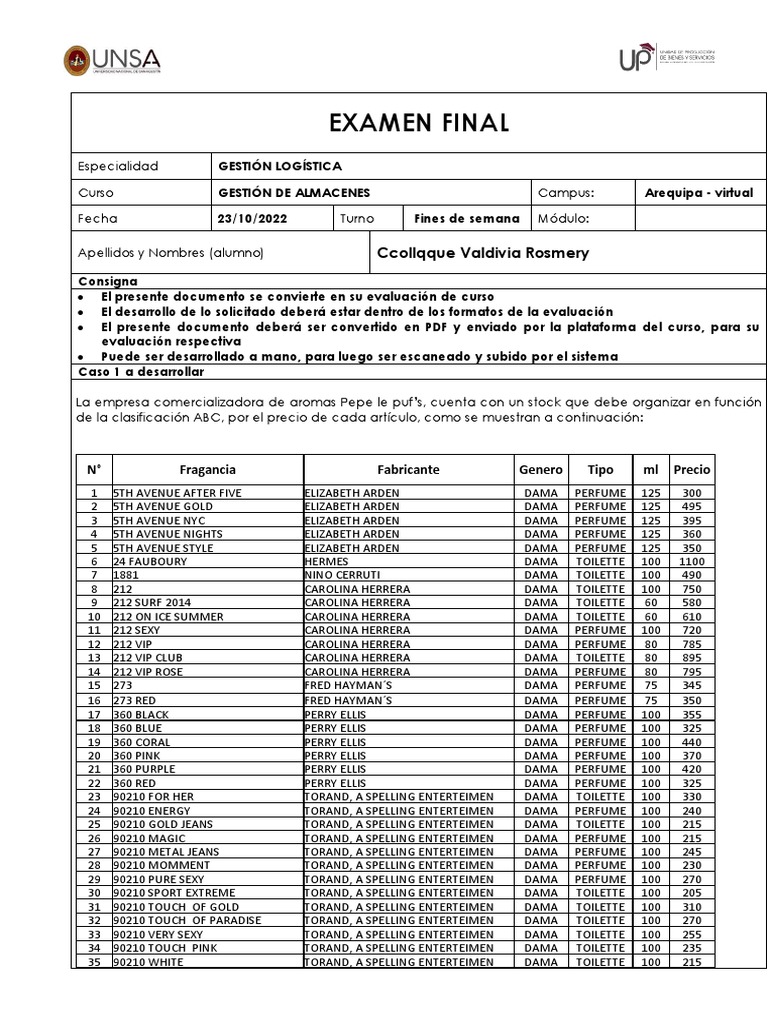 Examen Final - Gestión de Almacenes (Autoguardado) | PDF | Moda | Perfume