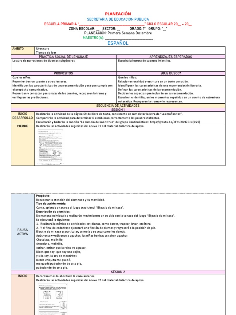Planeación Español Primer Grado SEP - Diciembre Semana 1 | PDF ...