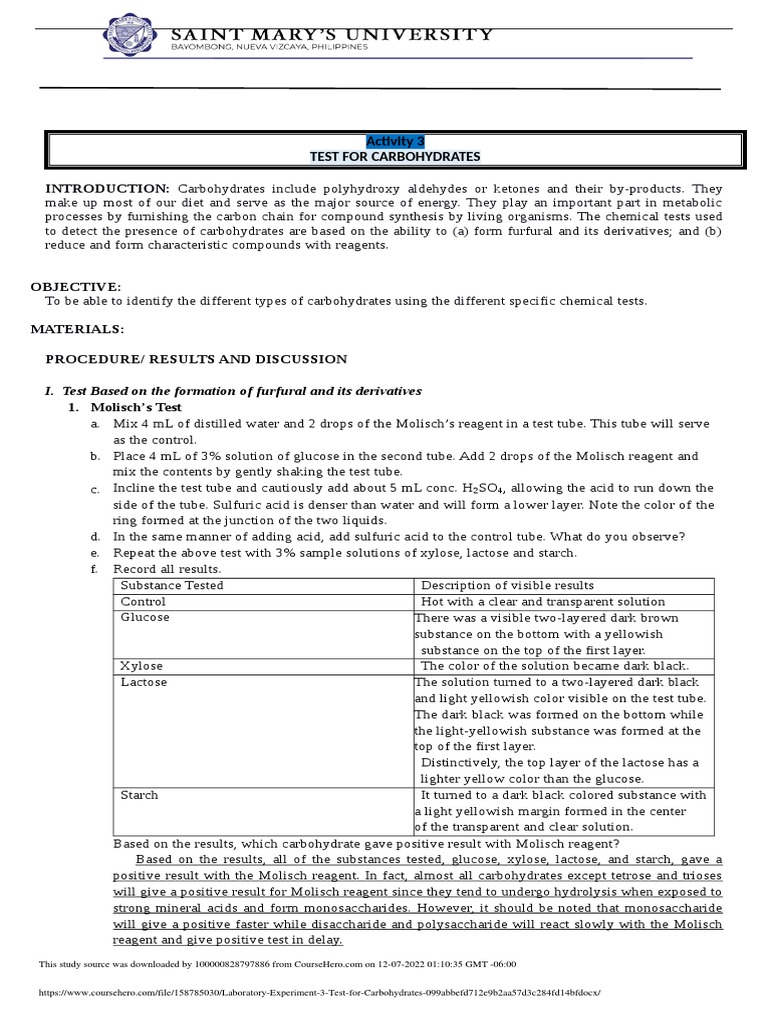 Carbohydrate Testing Methods in Biochemistry | PDF | Carbohydrates ...