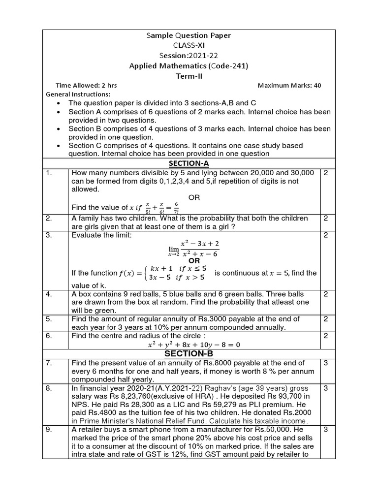 Applied Maths Sample Paper | PDF | Value Added Tax | Present Value