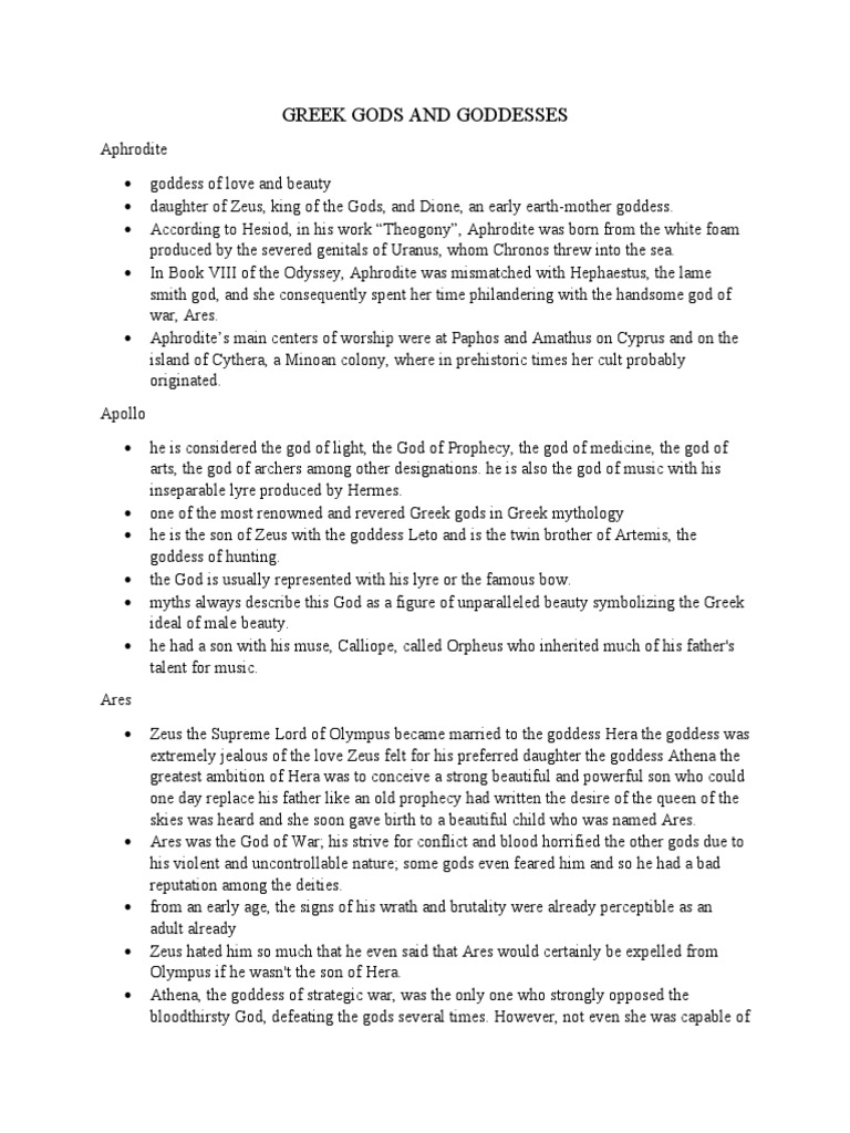 Greek Gods and Goddesses | PDF | Zeus | Aphrodite
