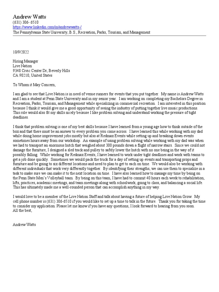 Cover Letter Venue Runner-1 | PDF | Career & Growth