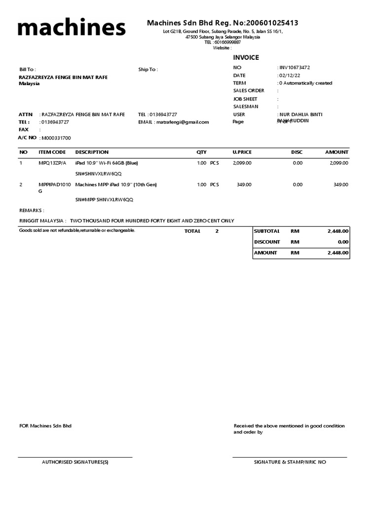 Machines SDN BHD Reg. No:200601025413: Invoice | PDF