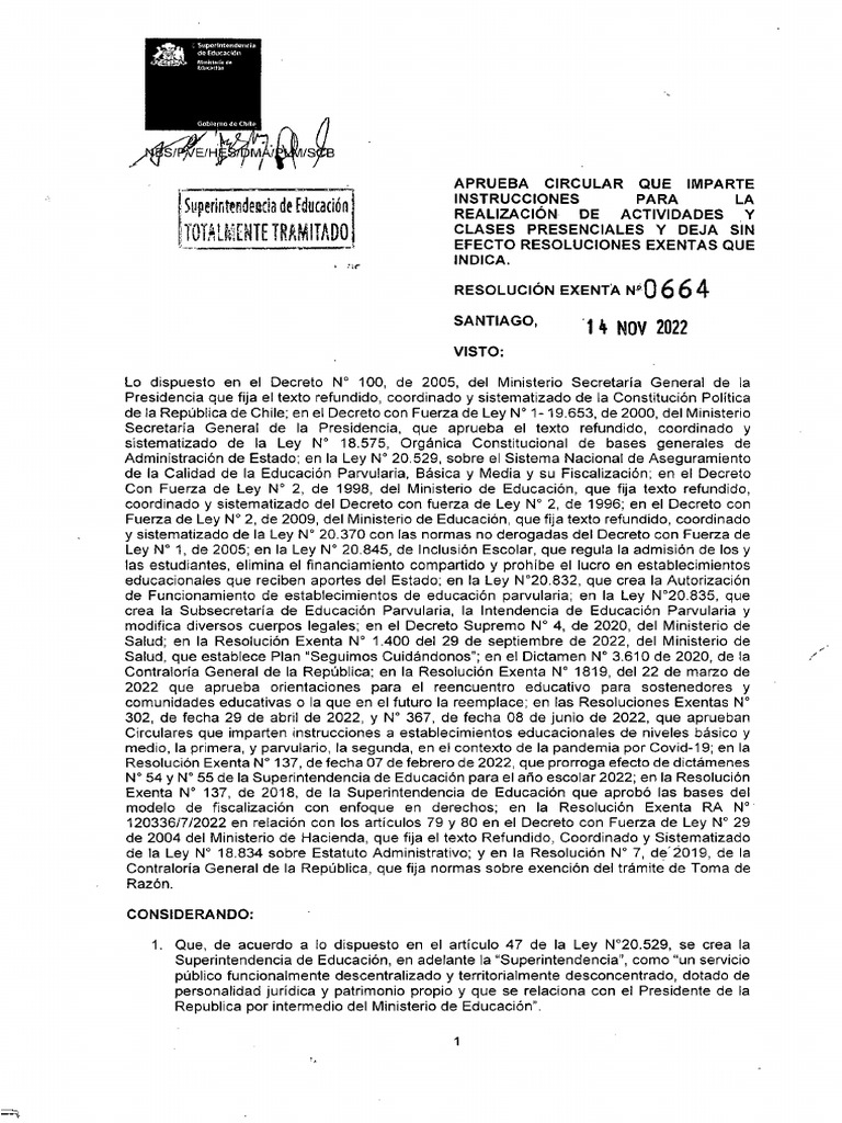 Rex No 0664 Aprueba Circular Instrucciones Para Realizacion De