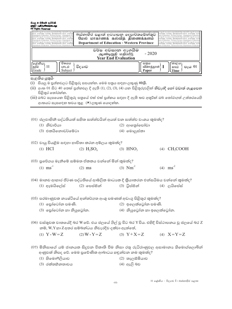 Grade 11 Science Past Paper 2020 3rd Term Test Western Province | PDF