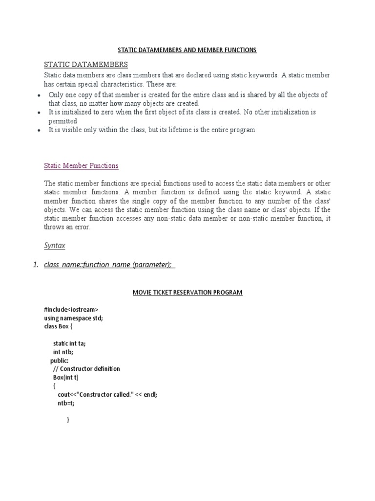 Static Datamembers and Member Functions | PDF