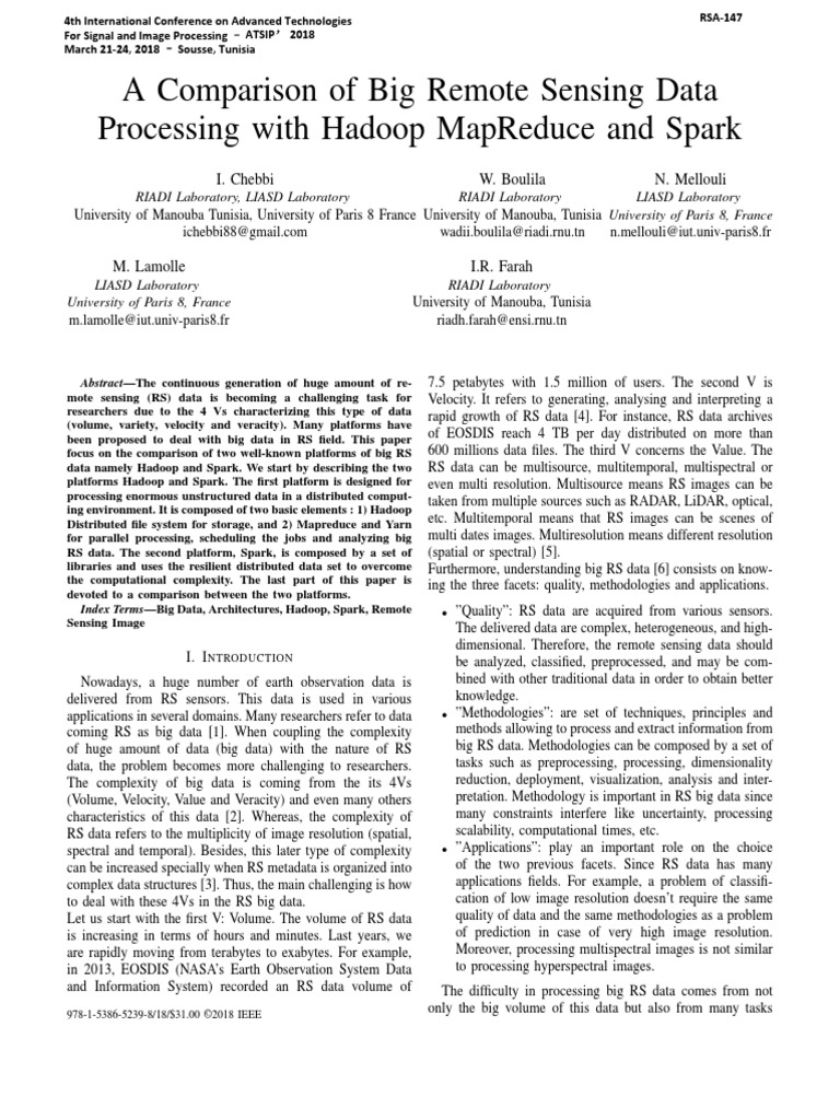 A Comparison Of Big Remote Sensing Data Processing With Hadoop Mspreduce And Spark Pdf