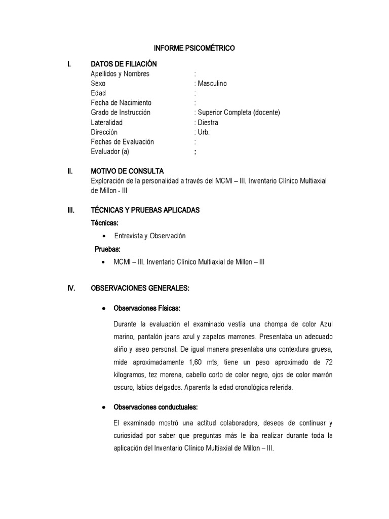 Modelo de Informe Millon | PDF | Trastorno mental | La dependencia de sustancias