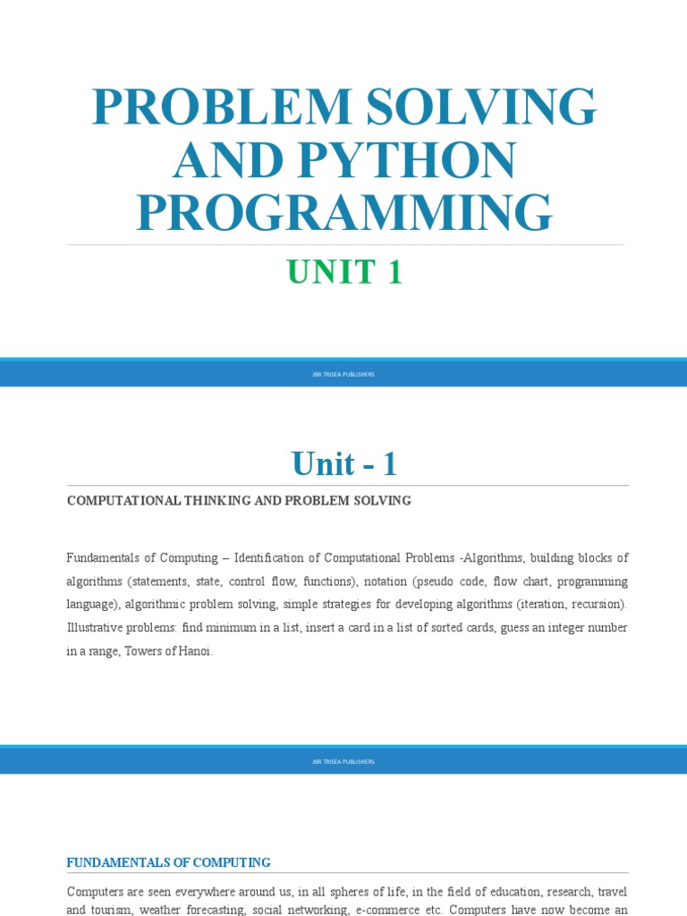 Unit 1 Problem Solving And Python Programming Pdf Computer Data