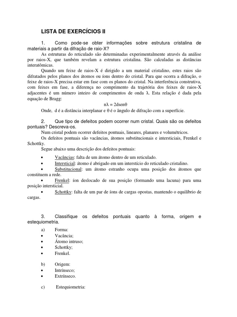 LISTA_DE_EXERCICIOS_II_Respostas | PDF | Polímeros | Difusão