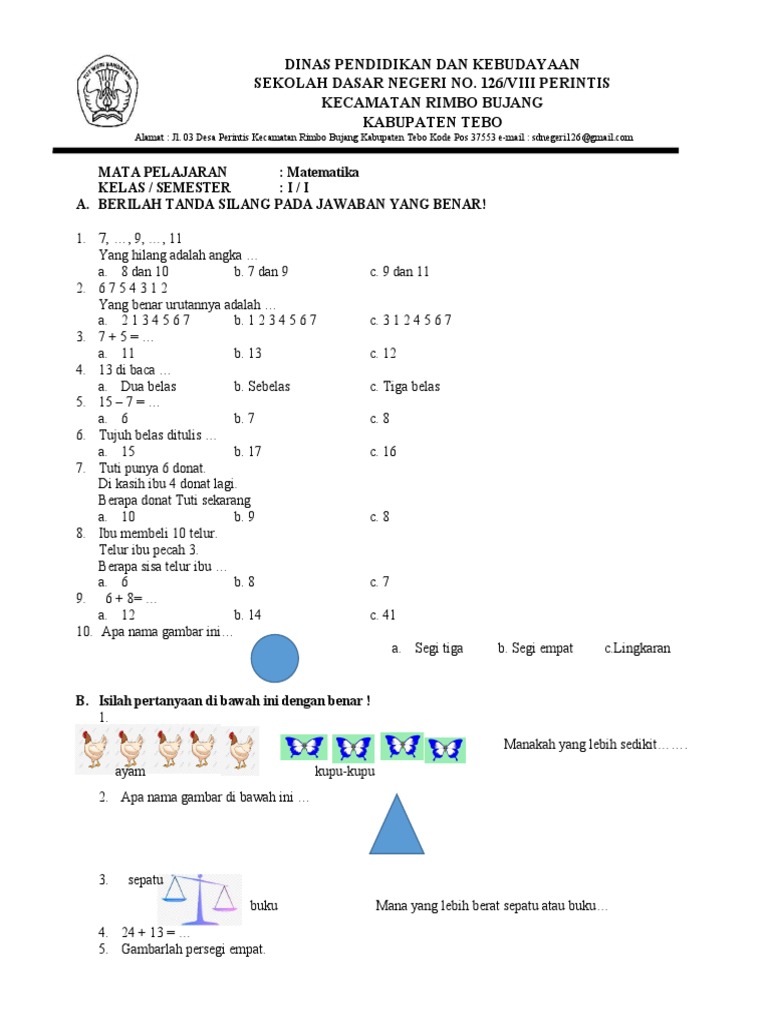 Soal MTK Kls 1 | PDF