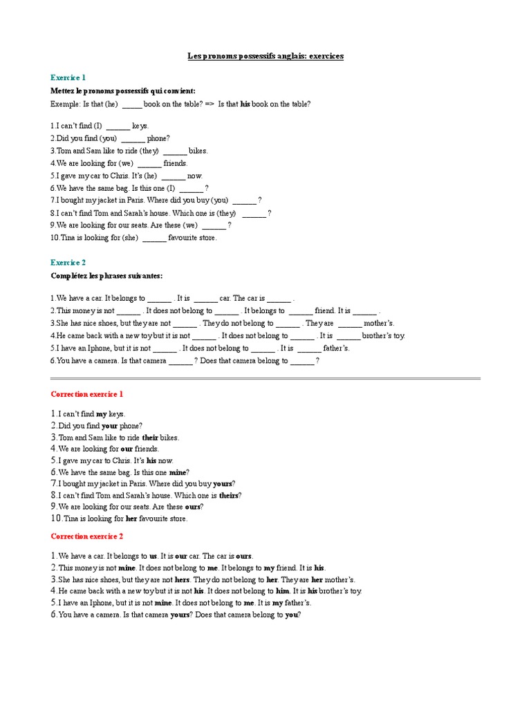 Les Pronoms Possessifs Anglais Exercices 21 | PDF Les Pronoms Possessifs Anglais Exercices 21 | PDF