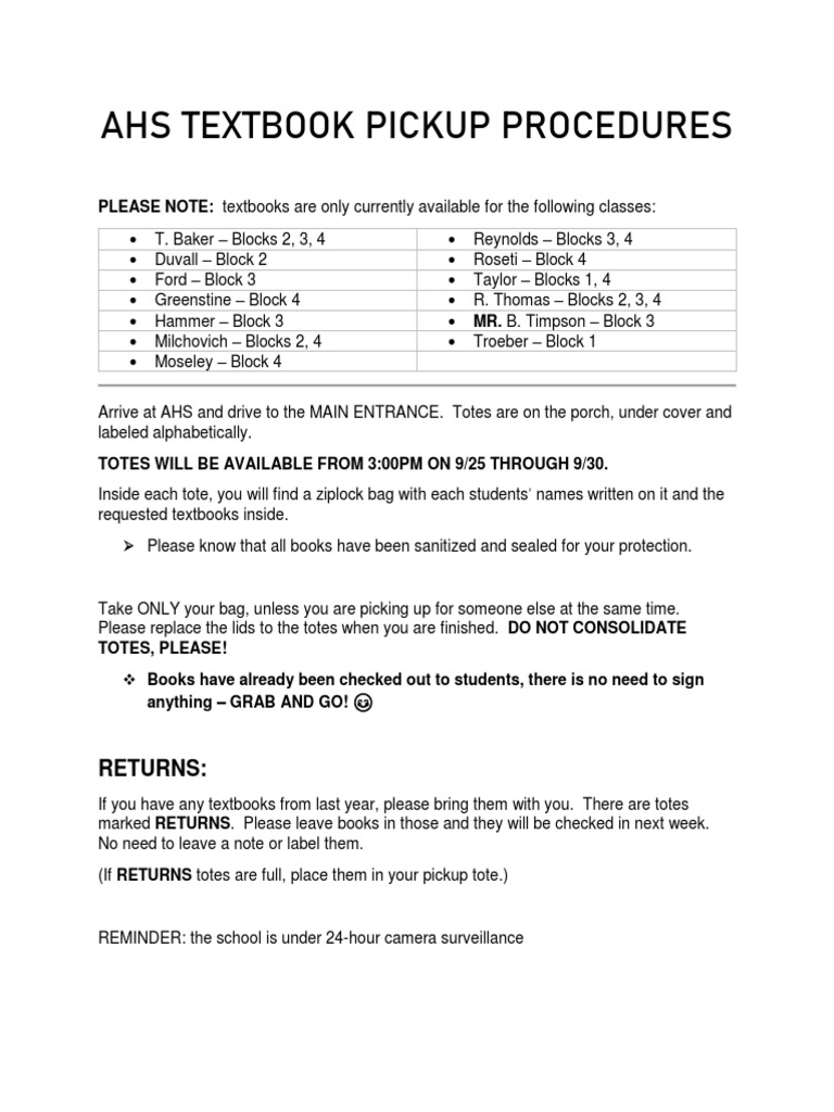 Ahs Textbook Pickup Procedures | PDF | Language Arts & Discipline