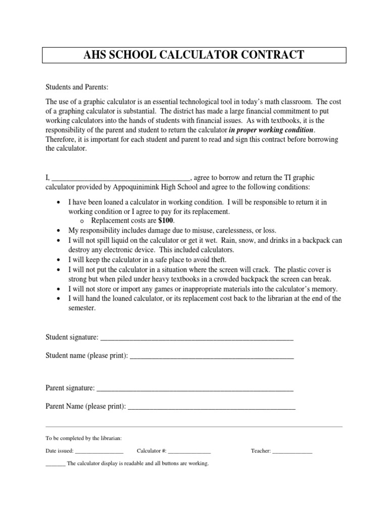 AHS Graphing Calculator Loan Agreement | PDF