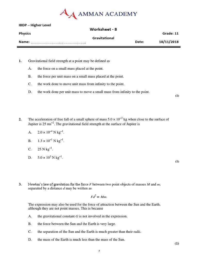 Work Sheet 8 Gravitational - 1 | PDF | Mass | Force