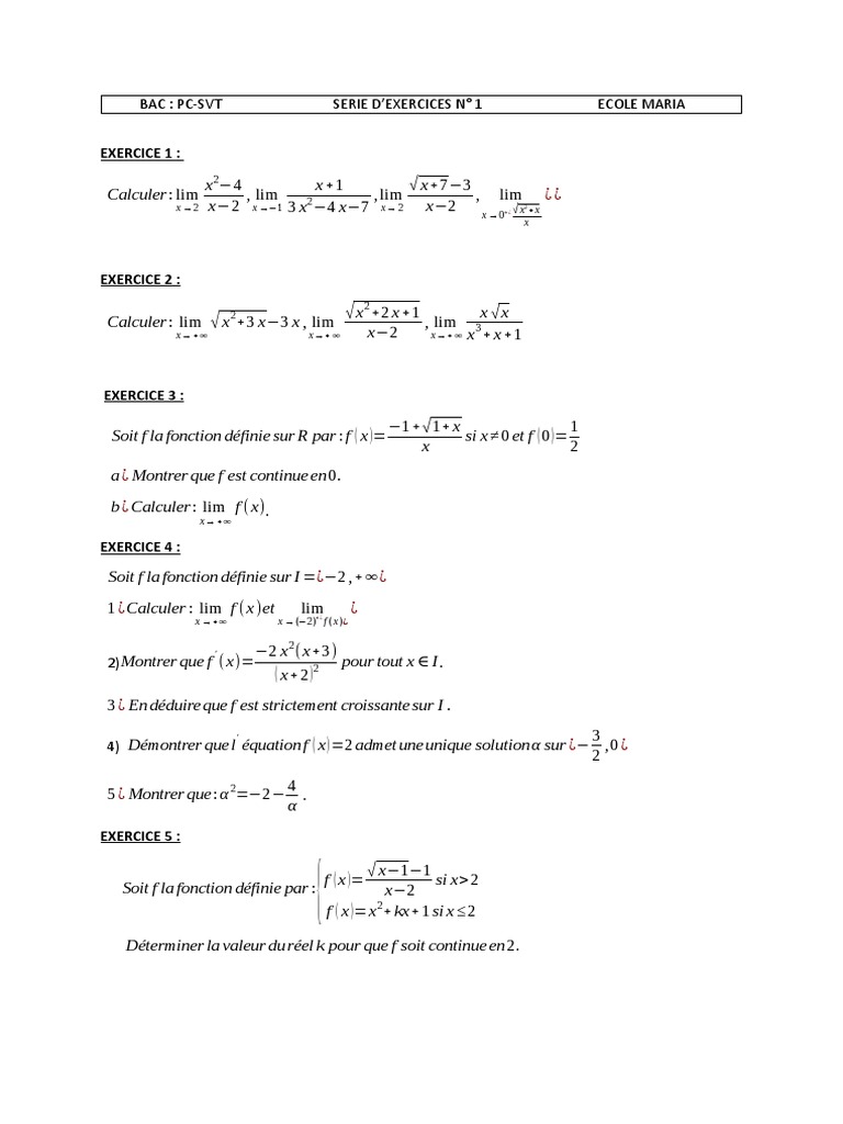 Serie D' Exercices N°1 Bac PC | PDF | Objets mathématiques | Mathématiques