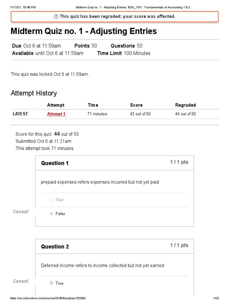Midterm Quiz: Adjusting Entries | PDF | Debits And Credits | Expense