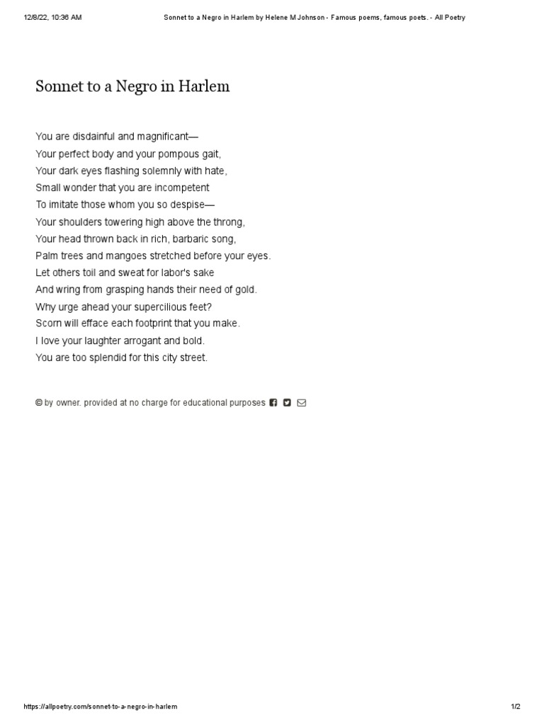 Sonnet To A Negro in Harlem by Helene M Johnson - Famous Poems, Famous ...
