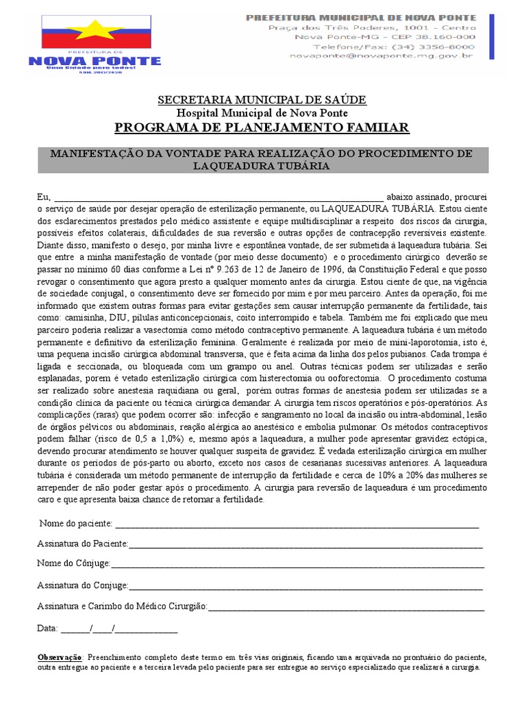 Manifestação Da Vontade para Realização Do Procedimento de Laqueadura ...