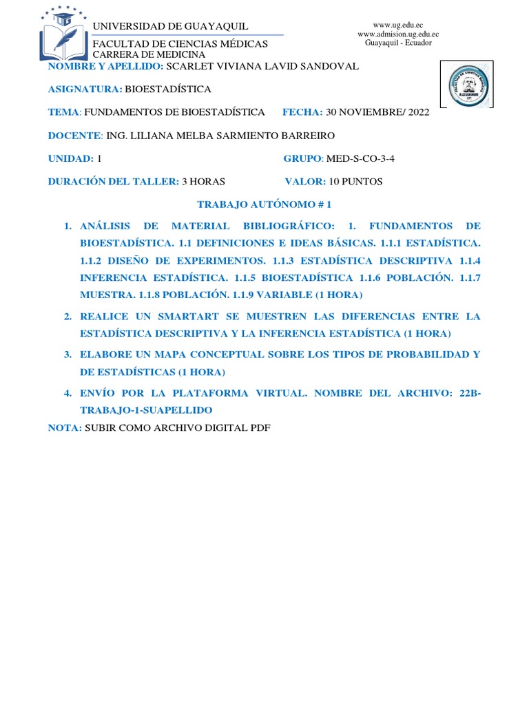 22b-Trabajo 1 - Lavid Sandoval Scarlet Viviana | PDF | Estadísticas ...