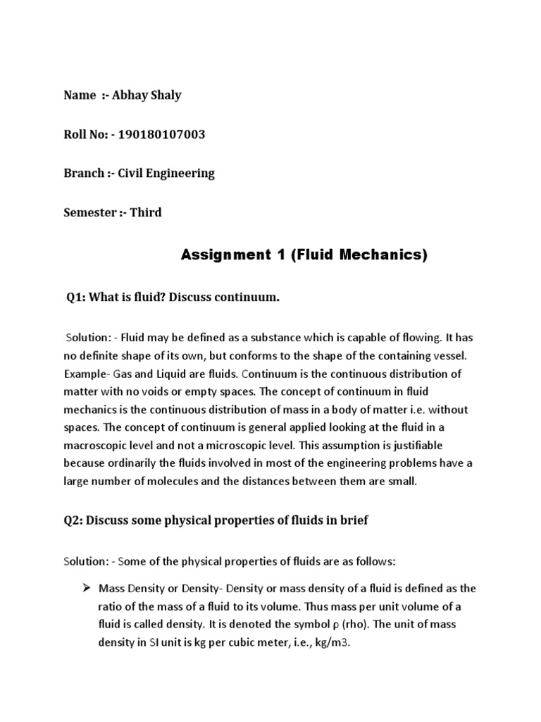 Fluid Mechanics Assignment Analysis | PDF | Viscosity | Liquids
