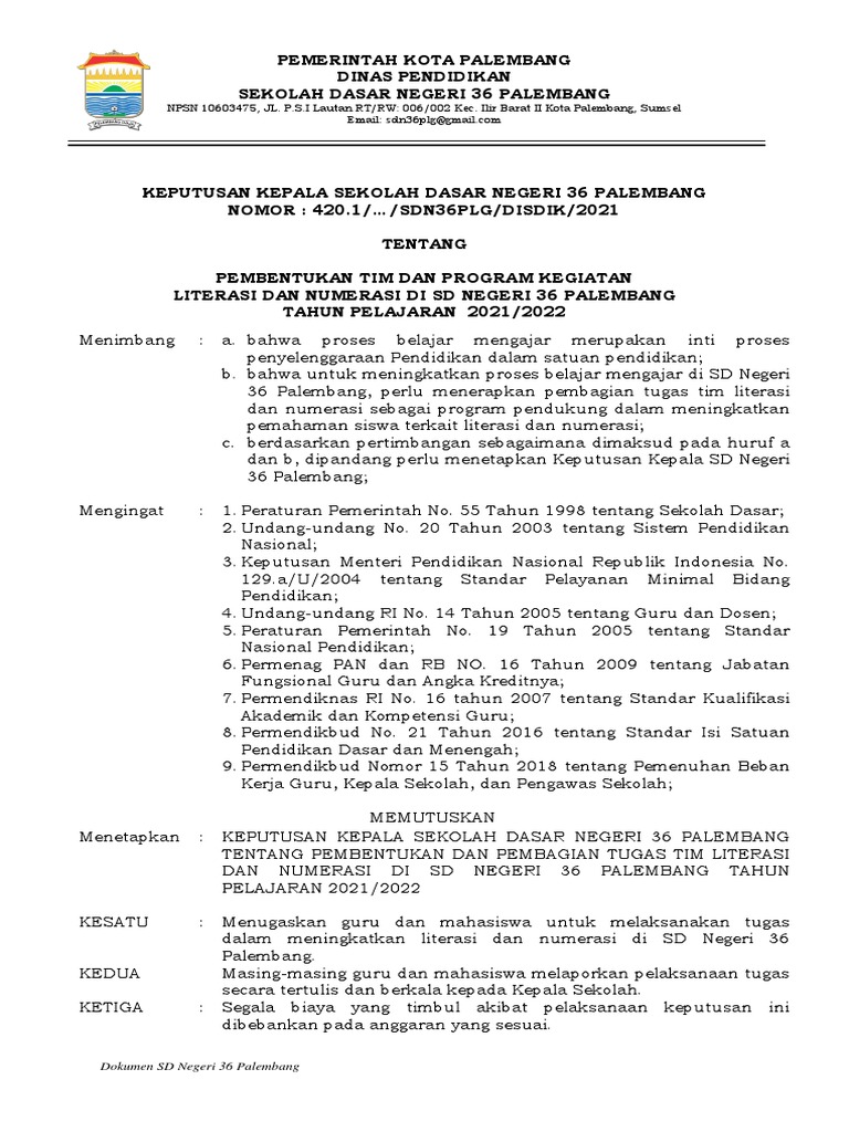 SK Program Literasi Dan Numerasi SDN 36 PLG | PDF