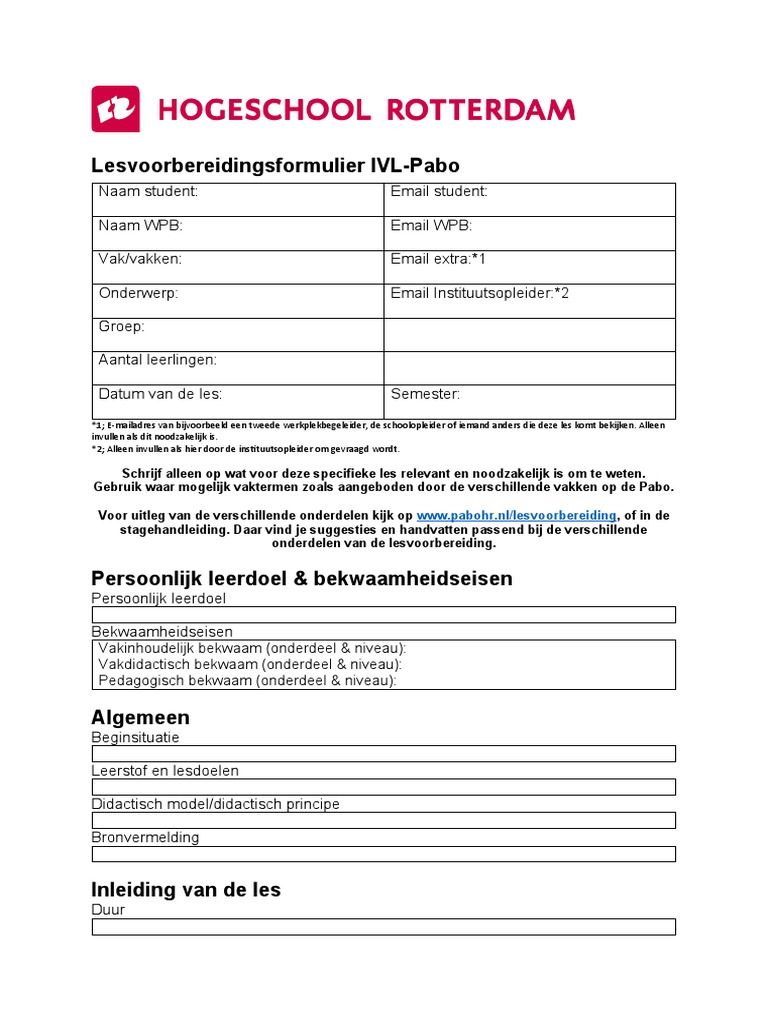Lesvoorbereidingsformulier Pabo HR 21 22 | PDF