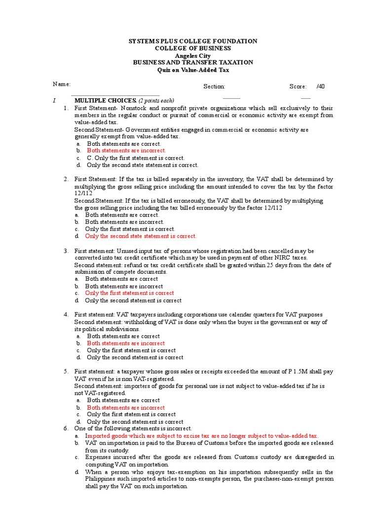Quiz 4 Vat Business Tax 1322 - Compress | PDF | Value Added Tax | Taxes