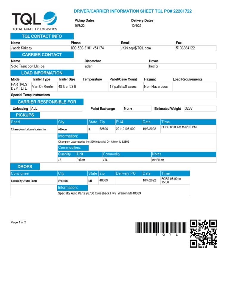 TQL Contact Info: Driver/Carrier Information Sheet TQL Po# 22201722 ...