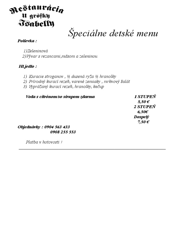 Špecialné Detské Menu 2022 | PDF