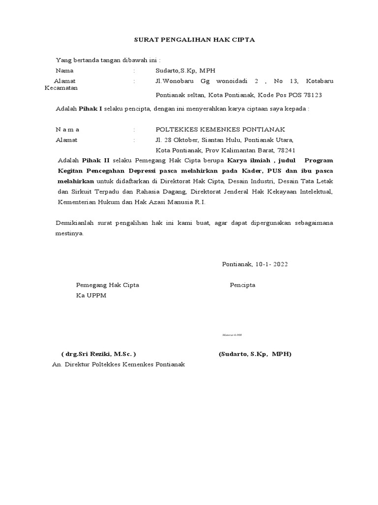 Surat Pengalihan Hak Cipta | PDF