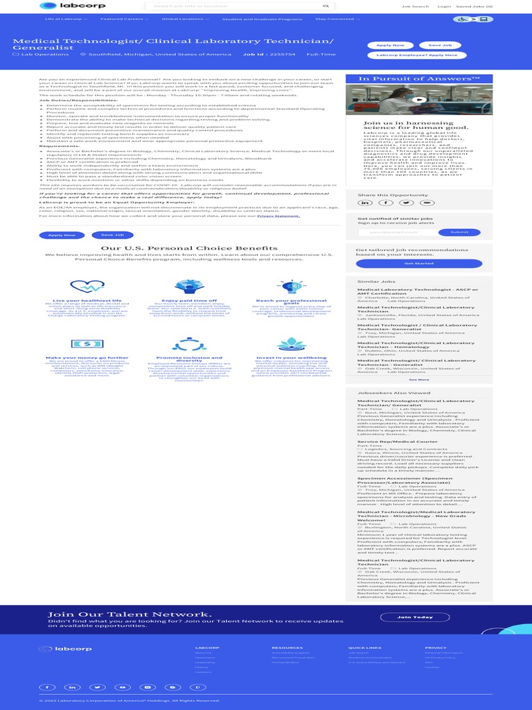Medical Technologist Clinical Laboratory Technician Generalist in Southfield Michigan United Sta ...