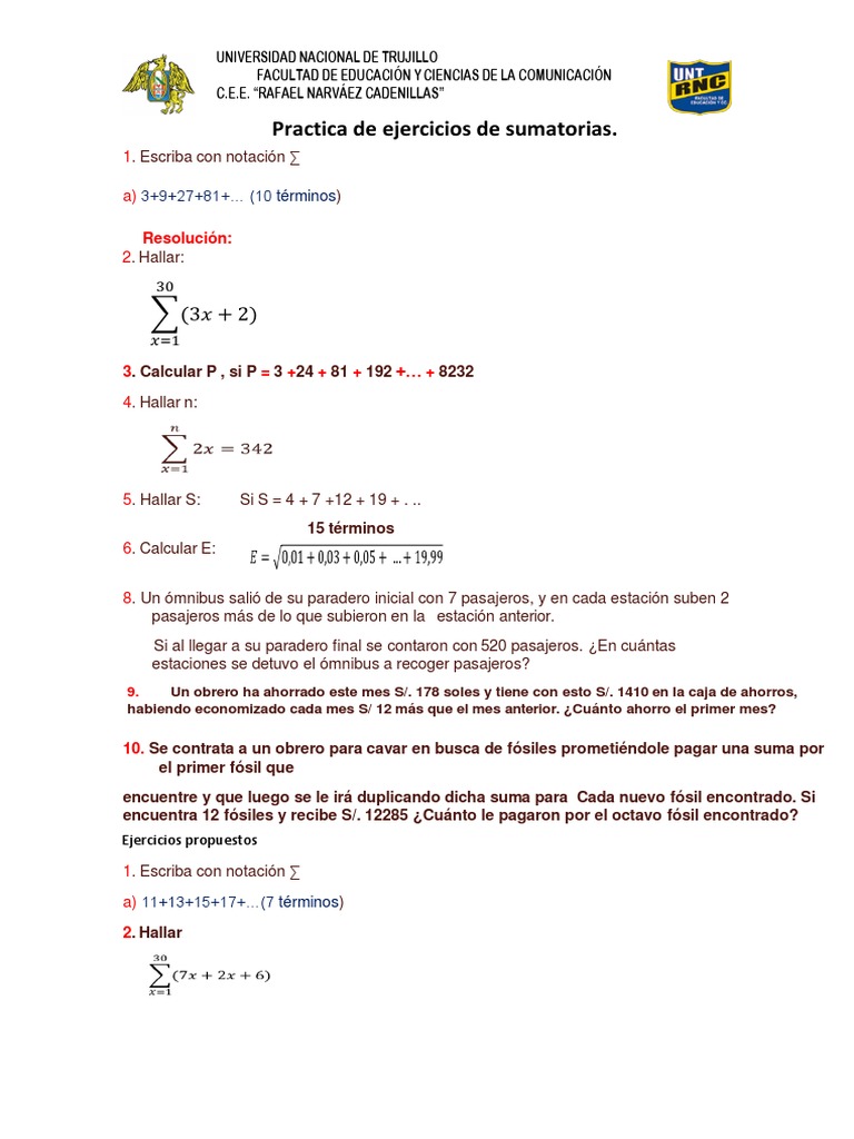 Practica de Ejercicios de Sumatorias-01 Setiembre | PDF