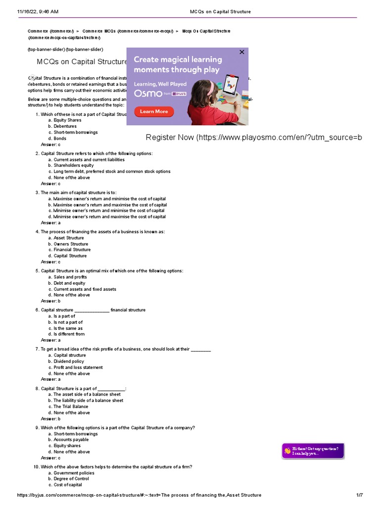 MCQs On Capital Structure | PDF | Equity (Finance) | Financial Capital
