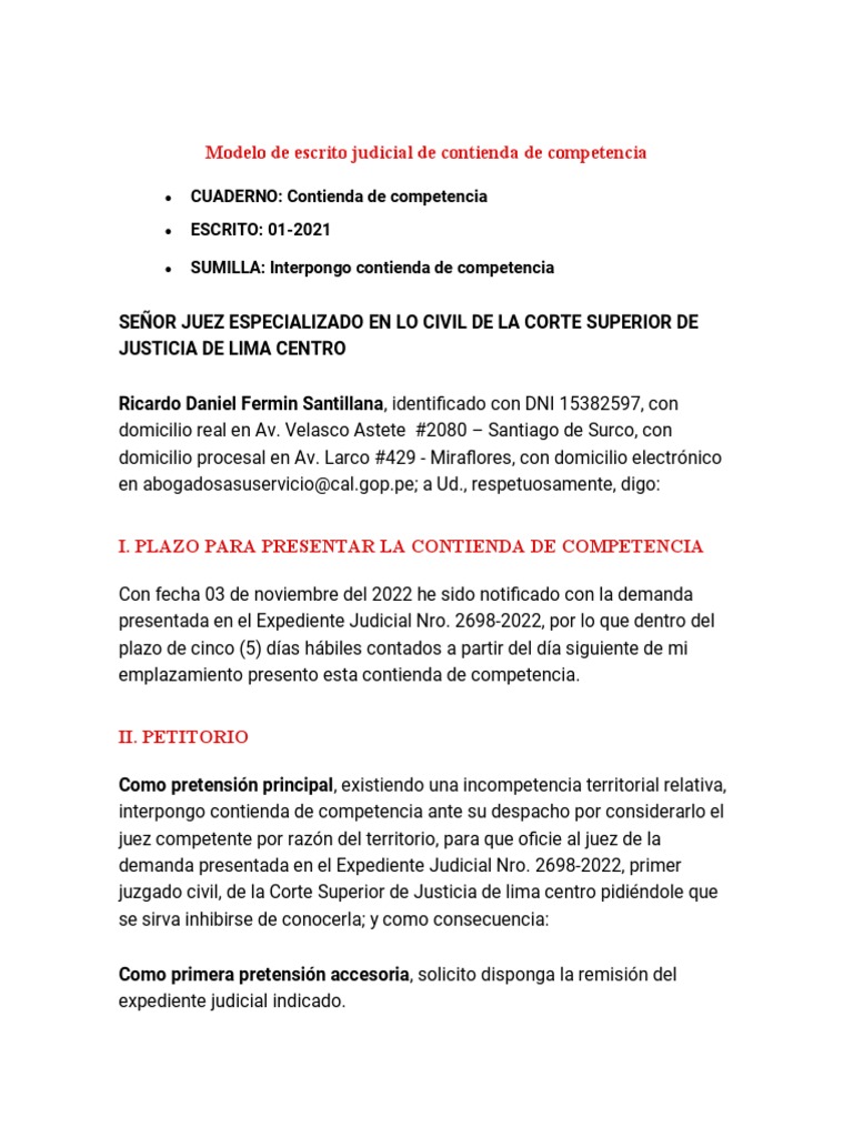 Modelo de Escrito Judicial de Contienda de Competencia | PDF | Demanda ...