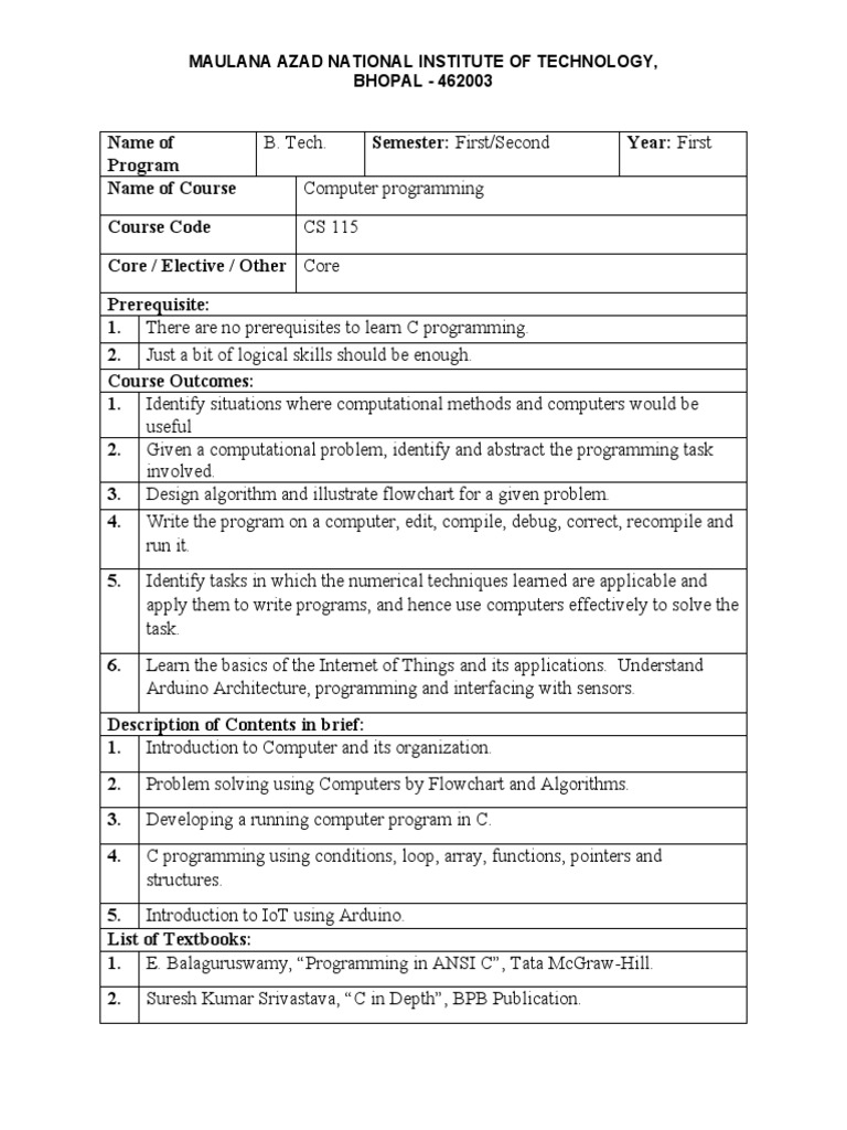Syllabus Of C With Lecture Plan Pdf Pointer Computer Programming Programming