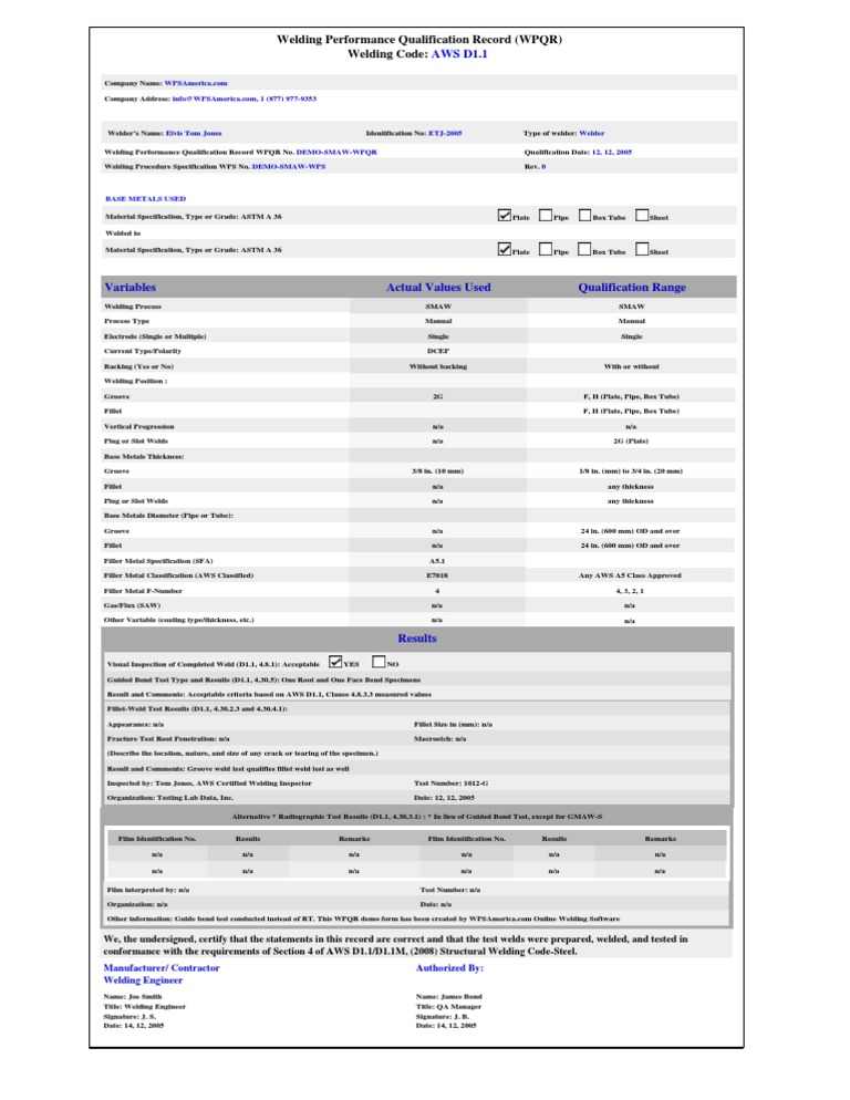 AWS WPQR WPS Formulario | PDF