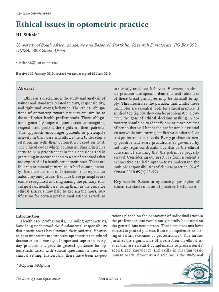 Ethical Issues in Optometric Practice | PDF | Optometry | Medical Ethics