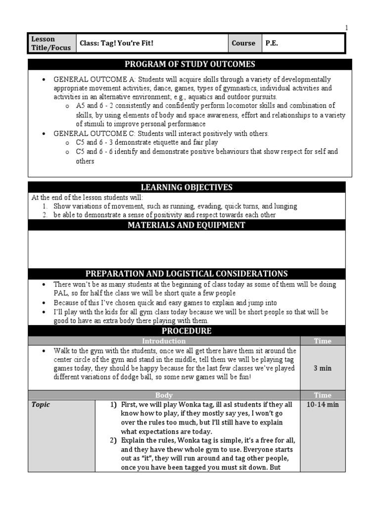 Pe Lesson Tag | PDF | Physical Education | Cognition