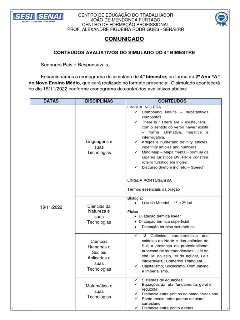 Comunicado Simulado 4º Bimestre 2º Ano A Nem Pdf Rede De