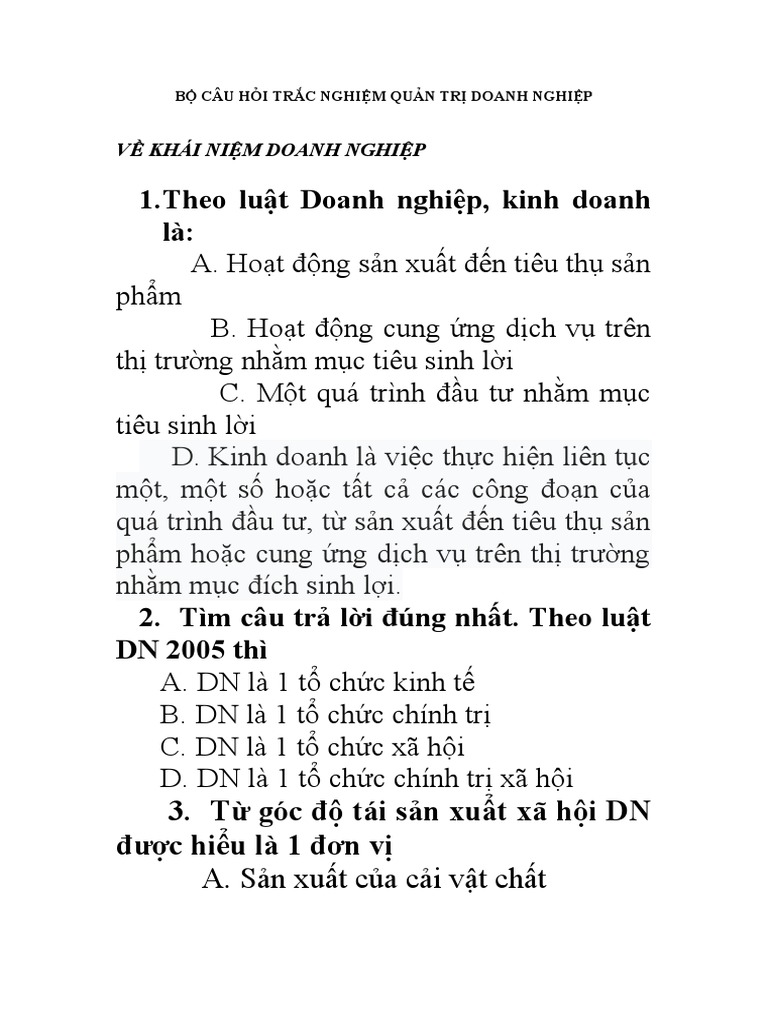 Câu hỏi trắc nghiệm chương 1 (QTDN) | PDF