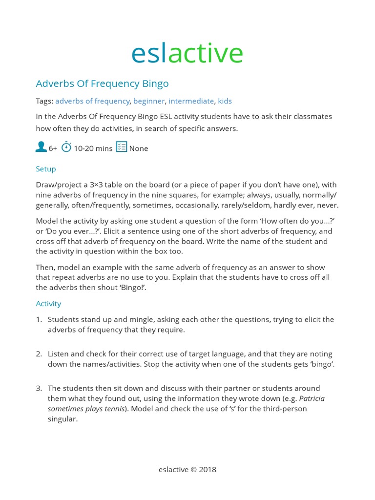 Adverbs of Frequency Bingo | PDF