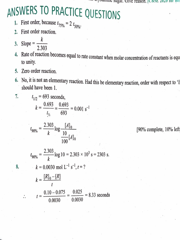 Answers To Practice Questions of Chemical Kinetics XII Chemistry ...