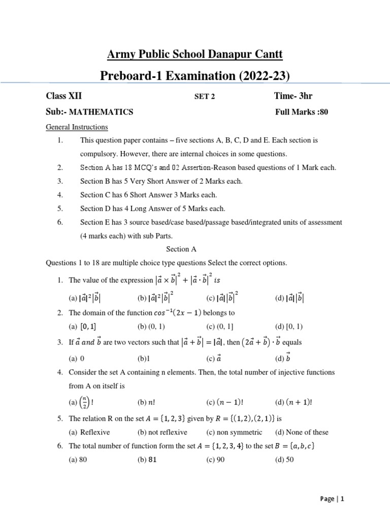 Class XII Math Prebard 1 Exam Set 2 29-11-2022 | PDF | Function (Mathematics) | Euclidean Vector